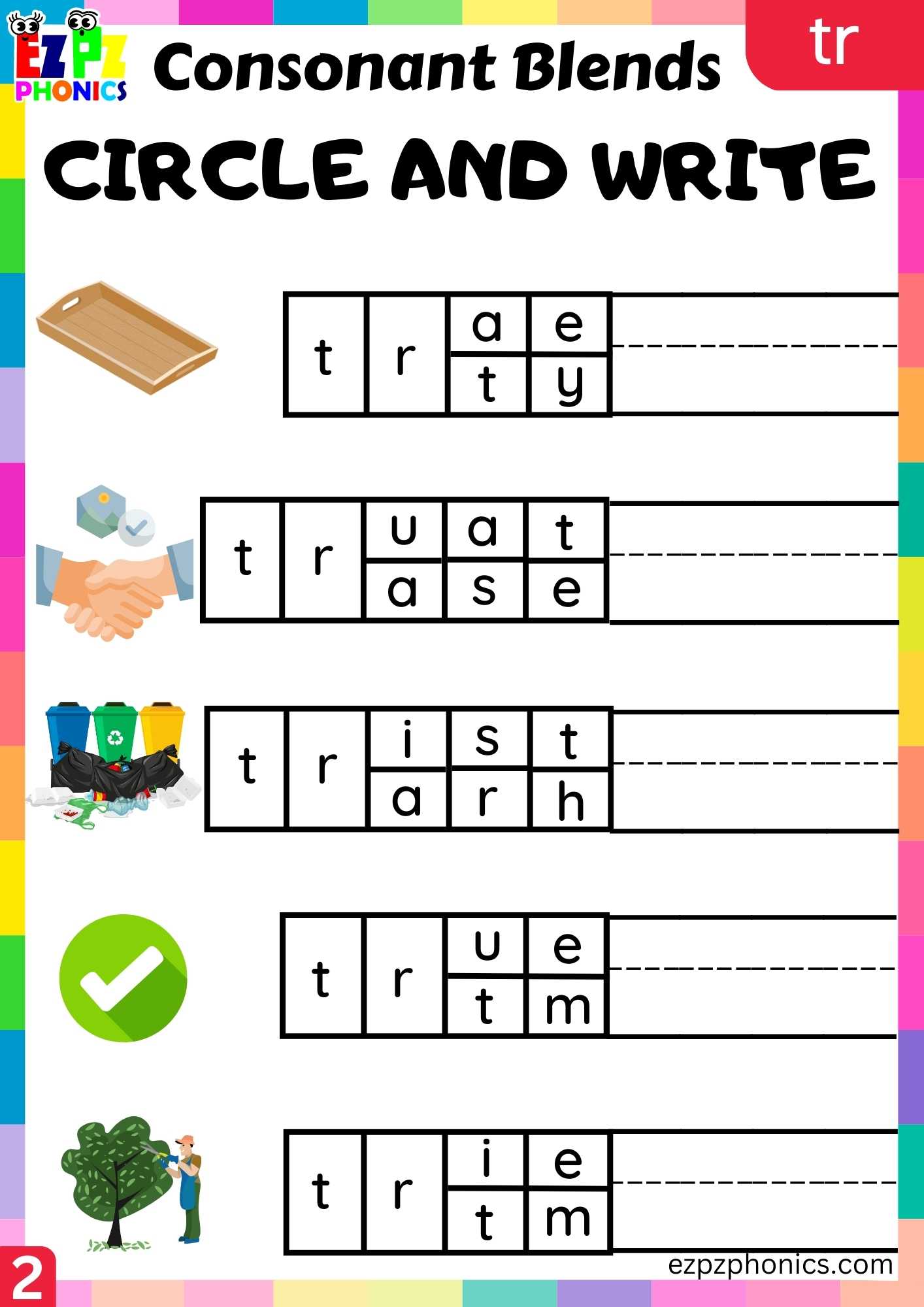 Group2 TR Words Circle And Write Phonics Consonant Blends Worksheet - ezpzphonics.com